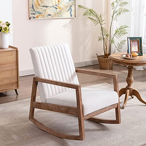 RIVOVA Modern Fabric Accent Rocking Chair, Upholstered Nursery Glider Rocker, Mid Century Lounge Arm Chair for Reading Living Room Bedroom Office, Beige