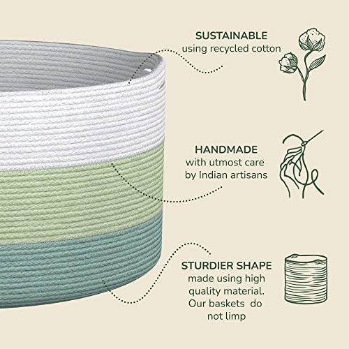 Eco Living Recycled Cotton Rope Storage Basket - 21.7 x 21.7 x 13.8 Inches Extra Large Basket for Cushions, Blanket, Pillows, Toys - Stylish and Eco-Friendly Living Room Rope Basket - Green & White