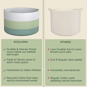 Eco Living Recycled Cotton Rope Storage Basket - 21.7 x 21.7 x 13.8 Inches Extra Large Basket for Cushions, Blanket, Pillows, Toys - Stylish and Eco-Friendly Living Room Rope Basket - Green & White