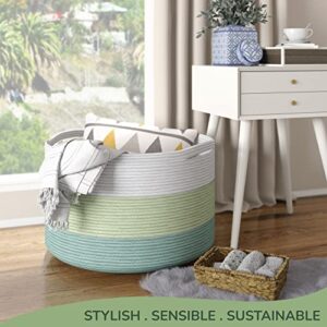 Eco Living Recycled Cotton Rope Storage Basket - 21.7 x 21.7 x 13.8 Inches Extra Large Basket for Cushions, Blanket, Pillows, Toys - Stylish and Eco-Friendly Living Room Rope Basket - Green & White