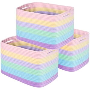 mintwood design 3-pack storage baskets for shelves, playroom and classroom storage basket, book basket, decorative storage cube bins, woven closet organizers, nursery baskets, pastel rainbow