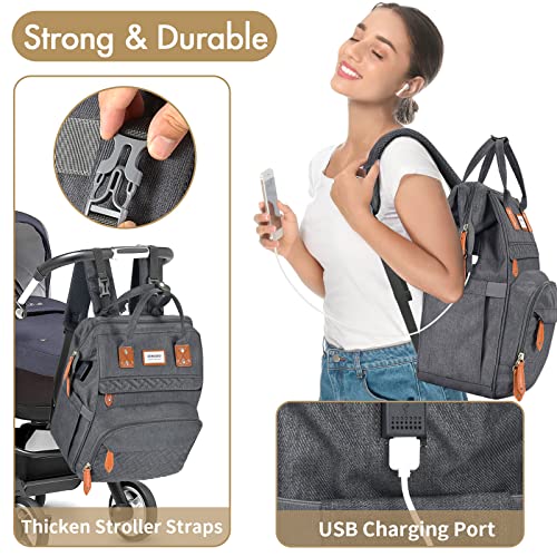 Diaper Bag Backpack, Versatile Large Travel Diaper Bag with Portable Changing Pad and USB Charging Port for Moms Dads, Waterproof Unisex Baby Bag for Boys Girls, Baby Registry Search Shower Gifts