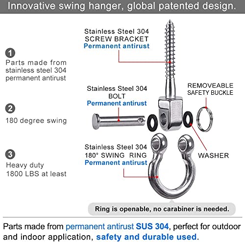 BeneLabel Set of 6 Permanent Antirust Stainless Steel 304 Screw Bracket Heavy Duty Swing Hanger 1800LB Capacity, Indoor Outdoor Playground Yoga Hammock Chair Sandbag Punching Bag, Hardware Swing Sets