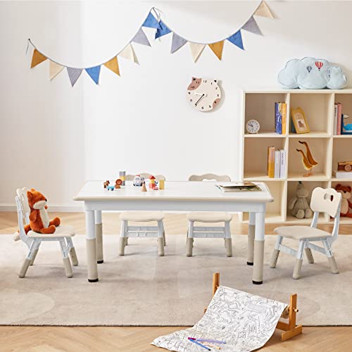 CuFun Kids Table and 4 Chairs Set, Children Study Desk, Dining Table, Height Adjustable Plastic Desk Painting Desktop Toddler Furniture for Boys and Girls