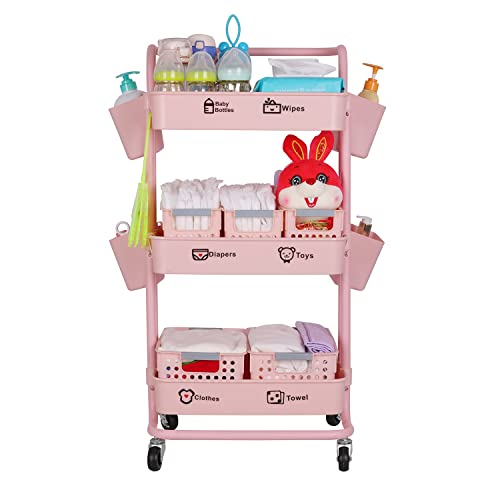 JOLEAD Baby Diaper Caddy Organizer, Movable Diaper Cart Newborn Nursery Essentials Diapers Storage Cart for Changing Tables, Easy to Assemble, Pink