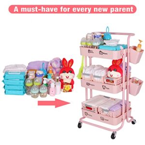 JOLEAD Baby Diaper Caddy Organizer, Movable Diaper Cart Newborn Nursery Essentials Diapers Storage Cart for Changing Tables, Easy to Assemble, Pink