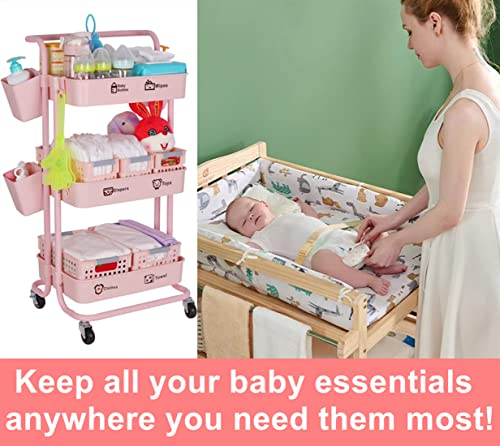 JOLEAD Baby Diaper Caddy Organizer, Movable Diaper Cart Newborn Nursery Essentials Diapers Storage Cart for Changing Tables, Easy to Assemble, Pink