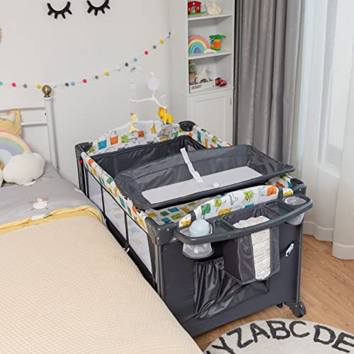 BABY JOY 5-in-1 Baby Bassinets Bedside Sleeper, Pack and Play with Bassinet, Diaper Changer, Playard, Safety Strap, Music Box & Hanging Toys, Convertible Bedside Crib from Newborn to Toddlers (Grey)