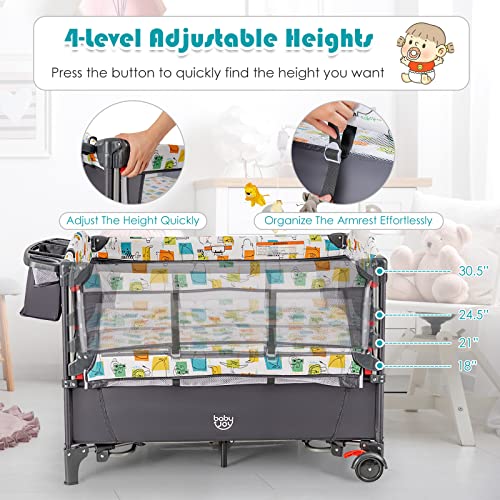 BABY JOY 5-in-1 Baby Bassinets Bedside Sleeper, Pack and Play with Bassinet, Diaper Changer, Playard, Safety Strap, Music Box & Hanging Toys, Convertible Bedside Crib from Newborn to Toddlers (Grey)