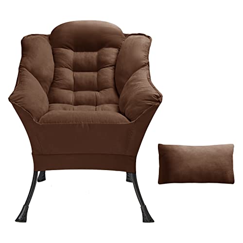 QUICK HORSE Modern Luxury Fabric Accent Living Room Chair, Soft Lazy Sofa Chair with Lumbar Pillow, Bedroom Chair for Adults, Armrests and Side Pockets, Brown