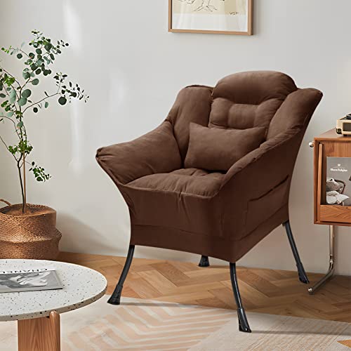 QUICK HORSE Modern Luxury Fabric Accent Living Room Chair, Soft Lazy Sofa Chair with Lumbar Pillow, Bedroom Chair for Adults, Armrests and Side Pockets, Brown