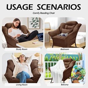 QUICK HORSE Modern Luxury Fabric Accent Living Room Chair, Soft Lazy Sofa Chair with Lumbar Pillow, Bedroom Chair for Adults, Armrests and Side Pockets, Brown