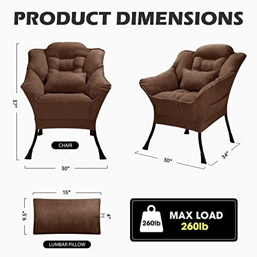 QUICK HORSE Modern Luxury Fabric Accent Living Room Chair, Soft Lazy Sofa Chair with Lumbar Pillow, Bedroom Chair for Adults, Armrests and Side Pockets, Brown