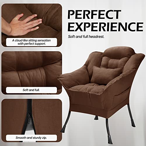 QUICK HORSE Modern Luxury Fabric Accent Living Room Chair, Soft Lazy Sofa Chair with Lumbar Pillow, Bedroom Chair for Adults, Armrests and Side Pockets, Brown