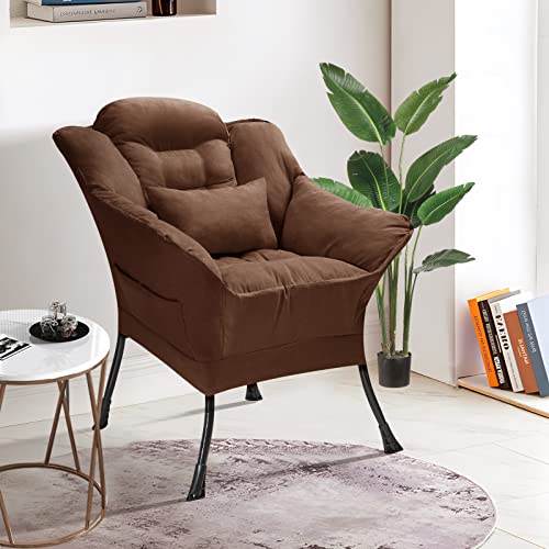 QUICK HORSE Modern Luxury Fabric Accent Living Room Chair, Soft Lazy Sofa Chair with Lumbar Pillow, Bedroom Chair for Adults, Armrests and Side Pockets, Brown