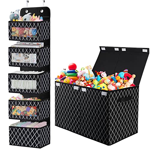 VERONLY Over The Door Hanging Organizer with 5 Large Pockets 1Pack+Toy Chest Box Organizer Bins for Boys Girls 1Pack for Nursery,Playroom,Bedroom Toys