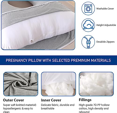 cauzyart Pregnancy Pillows for Sleeping 55 Inches U-Shape Full Body Pillow and Maternity Support - for Back, Hips, Legs, Belly for Pregnant Women with Removable Washable Knit Cotton Cover