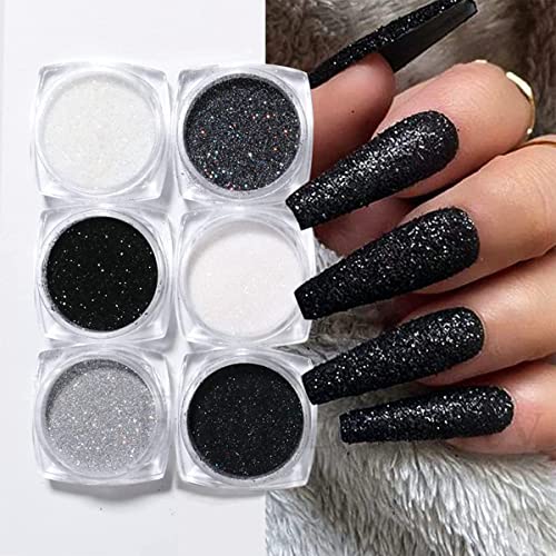 GULELAYAR 6 Color Nail Glitter Powder, Black White Nail Dust Shining Sugar Effect Holographic Nail Powder DIY Nail Art Manicure Decorations (Style 1)