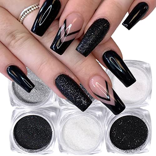 GULELAYAR 6 Color Nail Glitter Powder, Black White Nail Dust Shining Sugar Effect Holographic Nail Powder DIY Nail Art Manicure Decorations (Style 1)