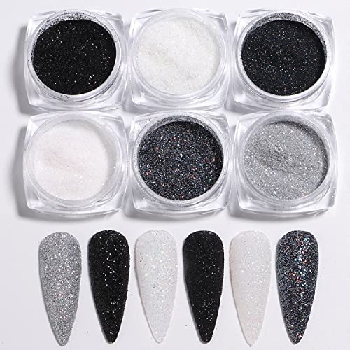 GULELAYAR 6 Color Nail Glitter Powder, Black White Nail Dust Shining Sugar Effect Holographic Nail Powder DIY Nail Art Manicure Decorations (Style 1)