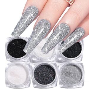 GULELAYAR 6 Color Nail Glitter Powder, Black White Nail Dust Shining Sugar Effect Holographic Nail Powder DIY Nail Art Manicure Decorations (Style 1)