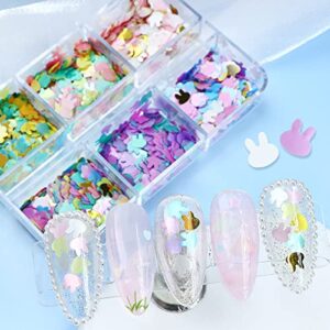 holographic nail glitter sequins, easter 3d rabbit nail art flakes mixed color bunny nail sequins confetti nail art decorations for women 6 grids (easter bunny)