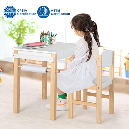 Costzon Kids Table and Chair Set, Toddler Study Desk w/Paper Roll, Drawer, 2 Marker Pens, Wooden Activity Table Set for Playroom & Nursery, Gift for Boys & Girls, Toddler Table & Chair (White)