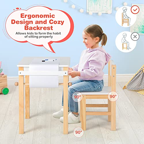 Costzon Kids Table and Chair Set, Toddler Study Desk w/Paper Roll, Drawer, 2 Marker Pens, Wooden Activity Table Set for Playroom & Nursery, Gift for Boys & Girls, Toddler Table & Chair (White)