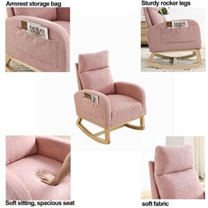 Fabric Rocking Chair Nursery Chair,Modern Upholstered High Back Glider Rocking Armchair,Comfy Rocker with Padded Seat and Wood Base,Two Side Pocket Accent Chair for Living Room Bedroom Office,Pink