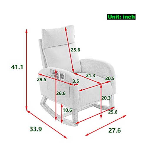 Fabric Rocking Chair Nursery Chair,Modern Upholstered High Back Glider Rocking Armchair,Comfy Rocker with Padded Seat and Wood Base,Two Side Pocket Accent Chair for Living Room Bedroom Office,Pink