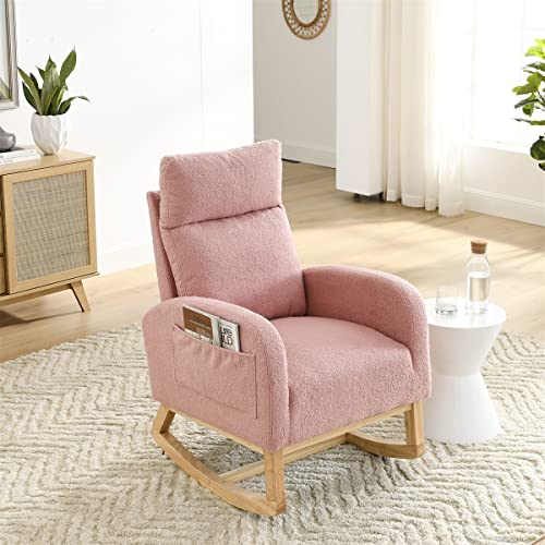 Fabric Rocking Chair Nursery Chair,Modern Upholstered High Back Glider Rocking Armchair,Comfy Rocker with Padded Seat and Wood Base,Two Side Pocket Accent Chair for Living Room Bedroom Office,Pink