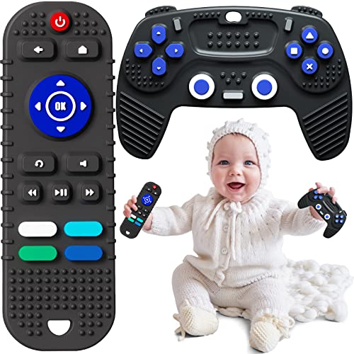 HOPEEYE 2 Pack Remote Control and Game Controller Teething Toys for Baby 3 Months and Up, Chew Toys for Boys and Girls Gifts (Black)