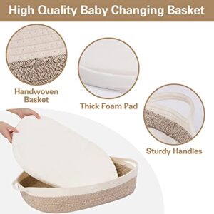 YECELINST Baby Changing Basket, Handmade Woven Cotton Rope Moses Basket for Babies Changing Basket, with Thick Foam Pad and Removable Waterproof Mattress Cotton Pad, Changing Table Topper for Dresser