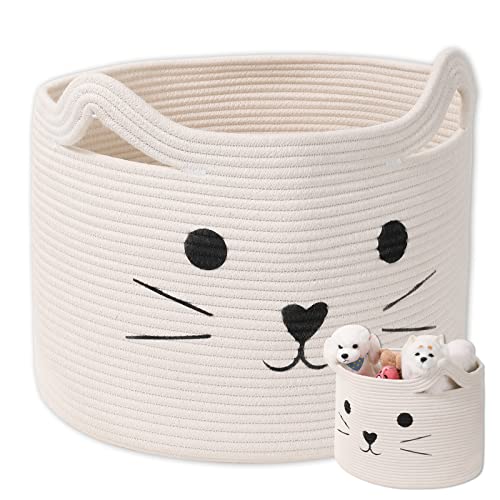 Large Woven Cotton Rope Basket with Handle, Ideal for Storage and Organization for kids toys,Towels, Clothes, blanket,Gifts. Pet Basket for Cat & Dog，Laundry Blanket Basket