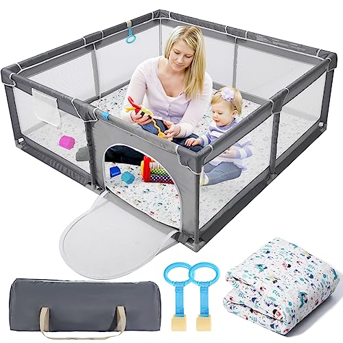 Baby Playpen with Mat,Play Pen for Babies and Toddlers,Baby Play Yards No Gaps, Playpen with Gate, Indoor & Outdoor Kids Activity Center, Safety Baby Fence(Grey, 50"x50")