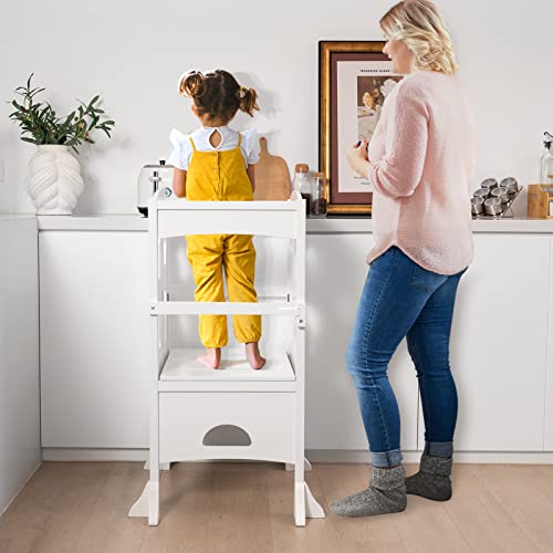 HONEY JOY White Kitchen Step Stool for Toddlers, Children Wooden Kitchen Tower Helper w/Safety Rail, Extra Kitchen Toys, Montessori Foldable Kids Learning Standing Tower for Kitchen Counter(White)