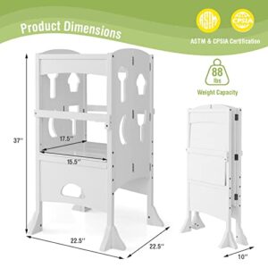 HONEY JOY White Kitchen Step Stool for Toddlers, Children Wooden Kitchen Tower Helper w/Safety Rail, Extra Kitchen Toys, Montessori Foldable Kids Learning Standing Tower for Kitchen Counter(White)