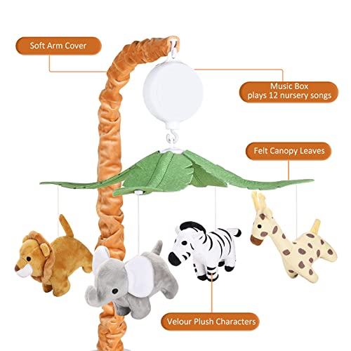 CLYMENE Safari Animals Baby Musical Crib Mobile - Jungle Animals Mobile for Crib with 12 Lullabies for Baby Boys and Girls | Safari Nursery Decor