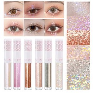 6pcs liquid glitter eyeshadow eyeliner, korean makeup, bling under eye shadow, shimmer metallic eye make up set, long lasting, quick drying and pigmented loose glitter glue for crystals eye makeup