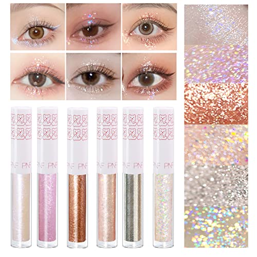 6Pcs Liquid Glitter Eyeshadow Eyeliner, Korean Makeup, Bling Under Eye Shadow, Shimmer Metallic Eye Make Up Set, Long Lasting, Quick Drying and Pigmented Loose Glitter Glue for Crystals Eye Makeup