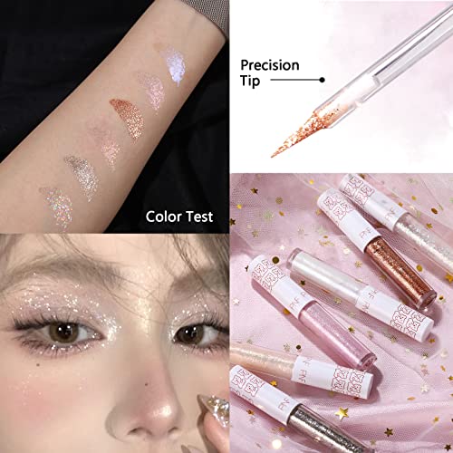 6Pcs Liquid Glitter Eyeshadow Eyeliner, Korean Makeup, Bling Under Eye Shadow, Shimmer Metallic Eye Make Up Set, Long Lasting, Quick Drying and Pigmented Loose Glitter Glue for Crystals Eye Makeup