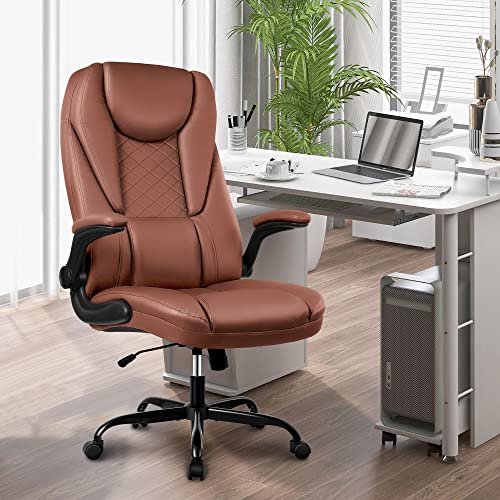 Guessky Office Chair, Executive Office Chair Big and Tall Office Chair Ergonomic Leather Chair with Adjustable Flip-Up Arms High Back Home Office Desk Chairs Computer Chair with Lumbar Support (Brown)