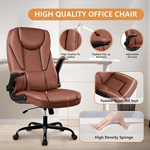 Guessky Office Chair, Executive Office Chair Big and Tall Office Chair Ergonomic Leather Chair with Adjustable Flip-Up Arms High Back Home Office Desk Chairs Computer Chair with Lumbar Support (Brown)