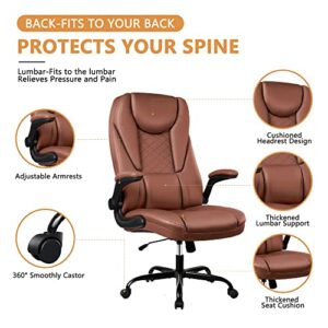 Guessky Office Chair, Executive Office Chair Big and Tall Office Chair Ergonomic Leather Chair with Adjustable Flip-Up Arms High Back Home Office Desk Chairs Computer Chair with Lumbar Support (Brown)