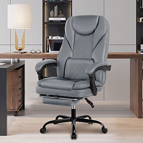 Guessky Executive Office Chair, Big and Tall Office Chair with Foot Rest Reclining Leather Chair High Back Home Office Desk Chairs with Lumbar Support Ergonomic Office Chair with Padded Armrests(Gray)