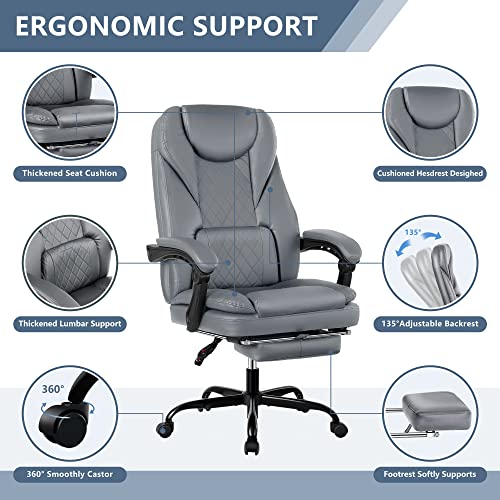 Guessky Executive Office Chair, Big and Tall Office Chair with Foot Rest Reclining Leather Chair High Back Home Office Desk Chairs with Lumbar Support Ergonomic Office Chair with Padded Armrests(Gray)