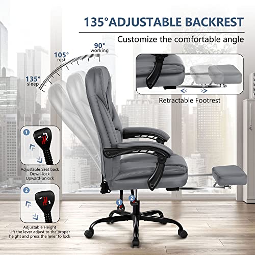 Guessky Executive Office Chair, Big and Tall Office Chair with Foot Rest Reclining Leather Chair High Back Home Office Desk Chairs with Lumbar Support Ergonomic Office Chair with Padded Armrests(Gray)