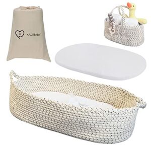 baby changing basket (for 0 to 12 month baby) and diaper caddy - cotton rope changing table topper, thick foam pad with removable cotton cover - safety belt