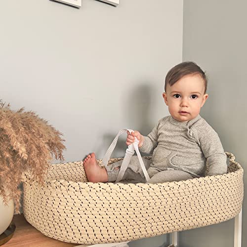 Baby Changing Basket (for 0 to 12 Month Baby) and Diaper Caddy - Cotton Rope Changing Table Topper, Thick Foam Pad with Removable Cotton Cover - Safety Belt