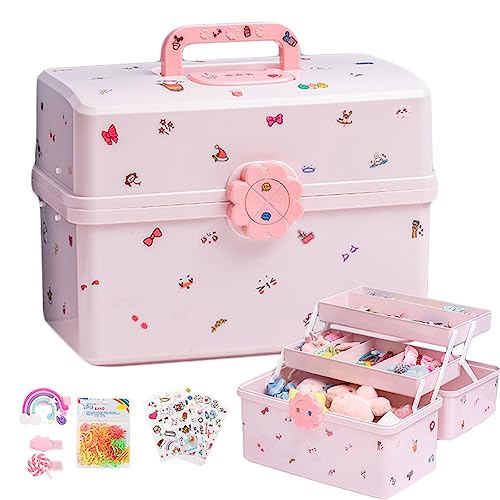 Hair Accessories Organizer for Girls Headbands, Hair Clips, Hair Ties Baby Girl Hair Supplies, Lockable Three-layer Folding Hair Craft Organizers and Storage Plastic Jewelry Box, 11.4x6.3x6.3in